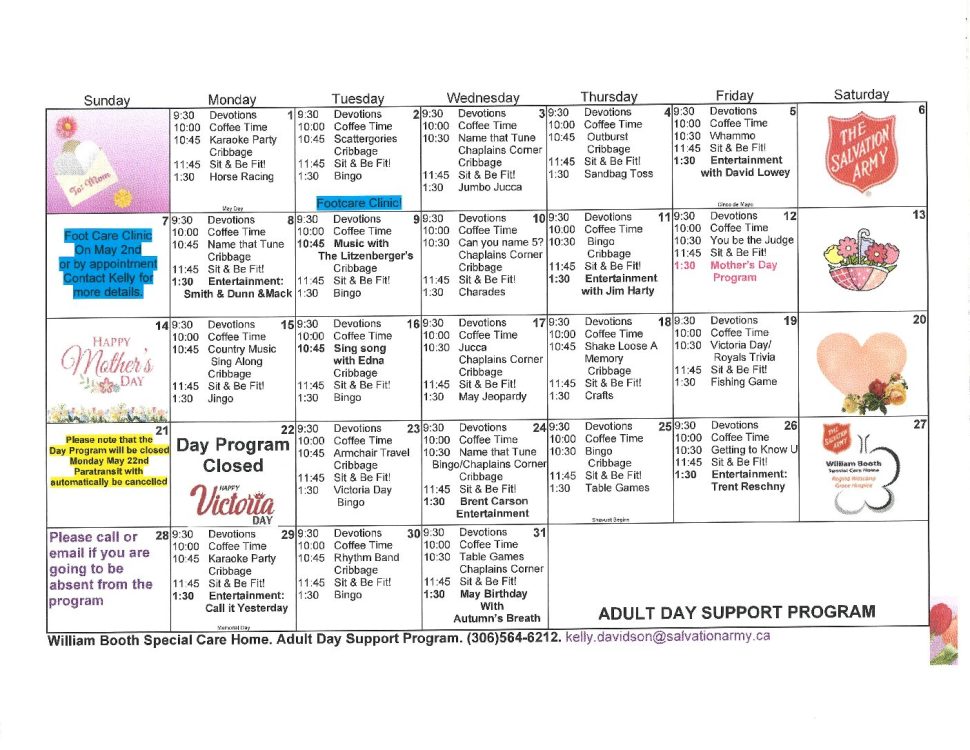 Calendar - Adult Day Program - William Booth Regina