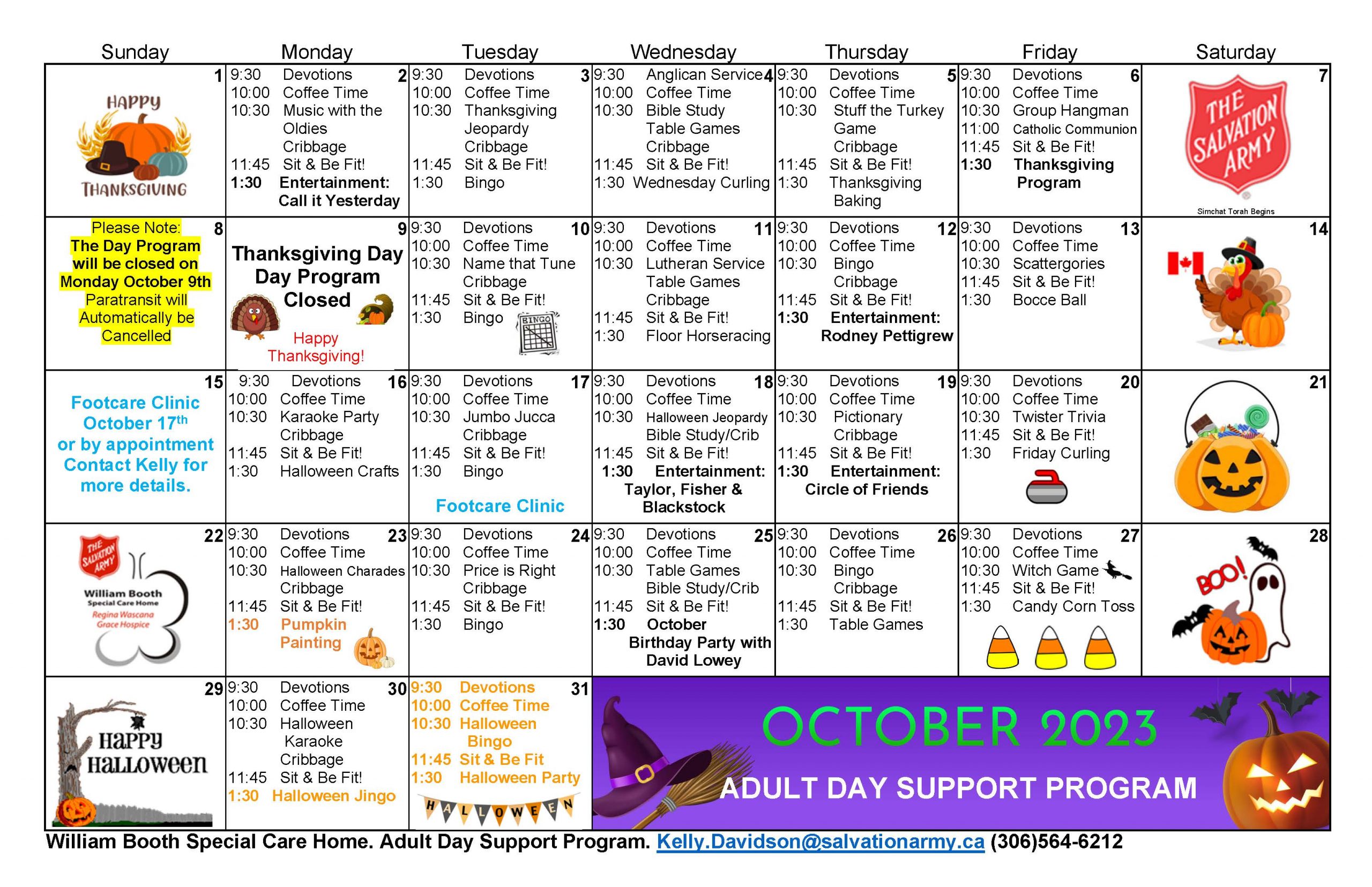 Calendar - Adult Day Program - William Booth Regina